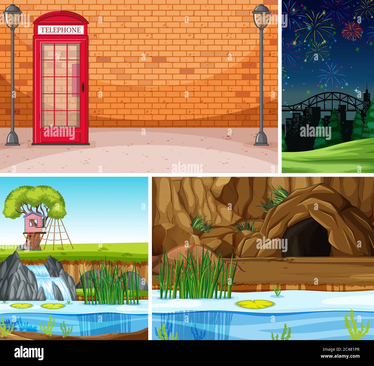 Four different scenes in nature setting cartoon style illustration ...