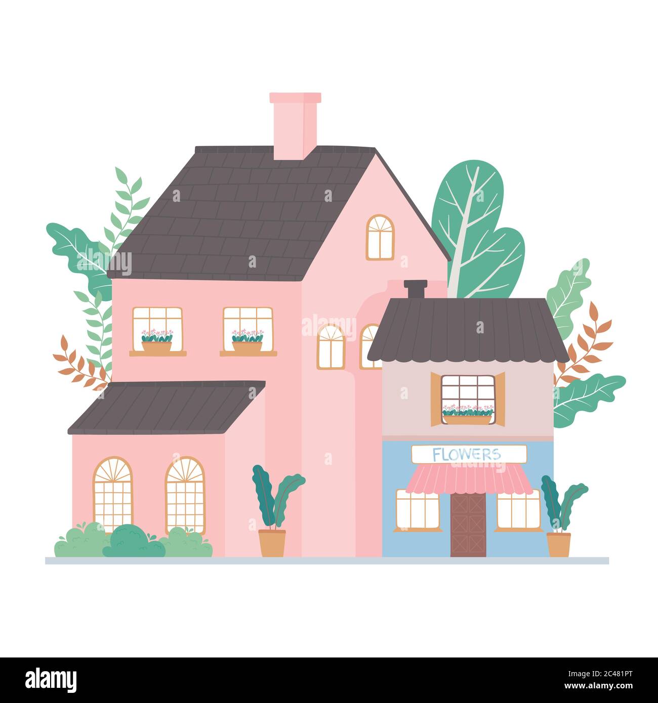 residential house and commercial building facade exterior cartoon ...