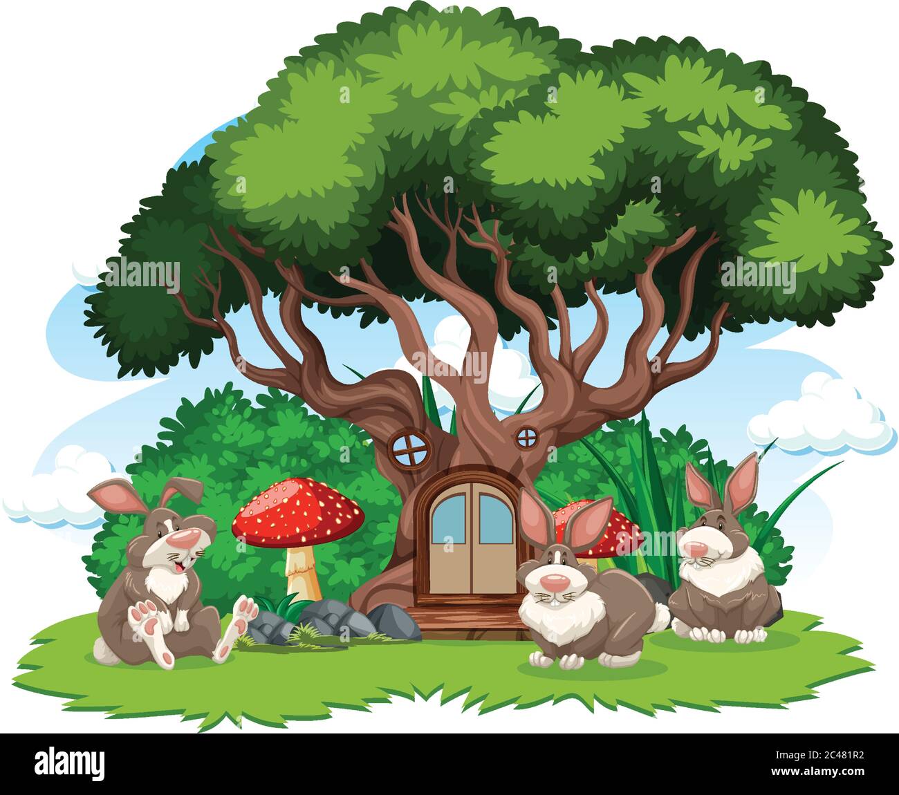 Tree house with three rabbit cartoon style on white background ...