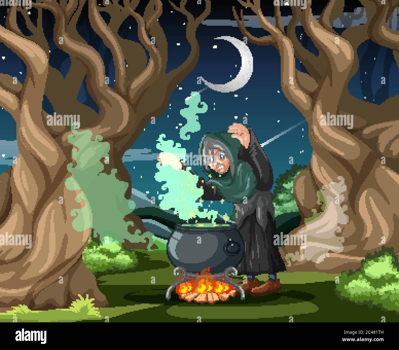 Wizard or witch with magic pot on dark forest background illustration ...