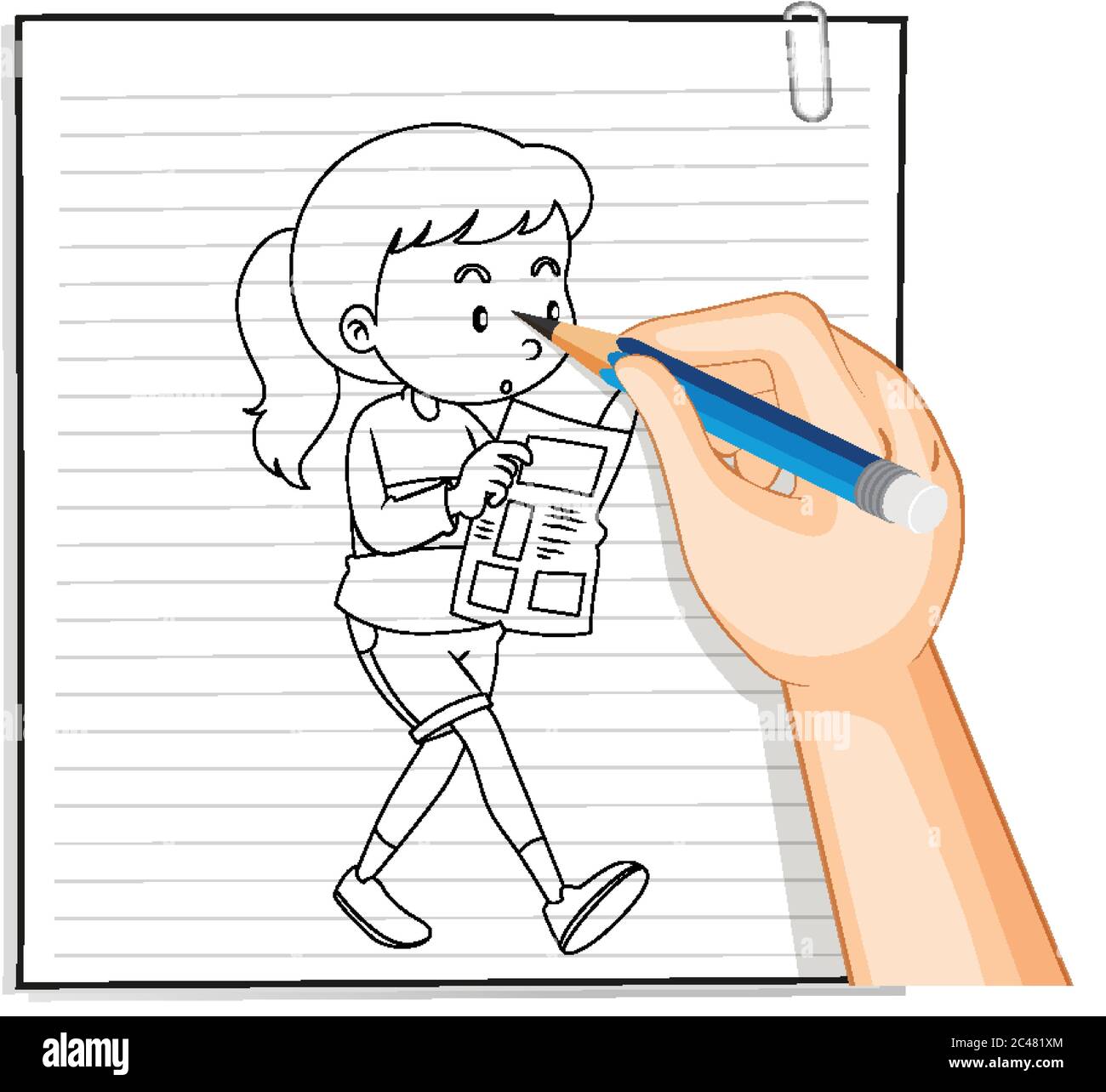 Hand writing of young woman reading newspaper outline illustration ...