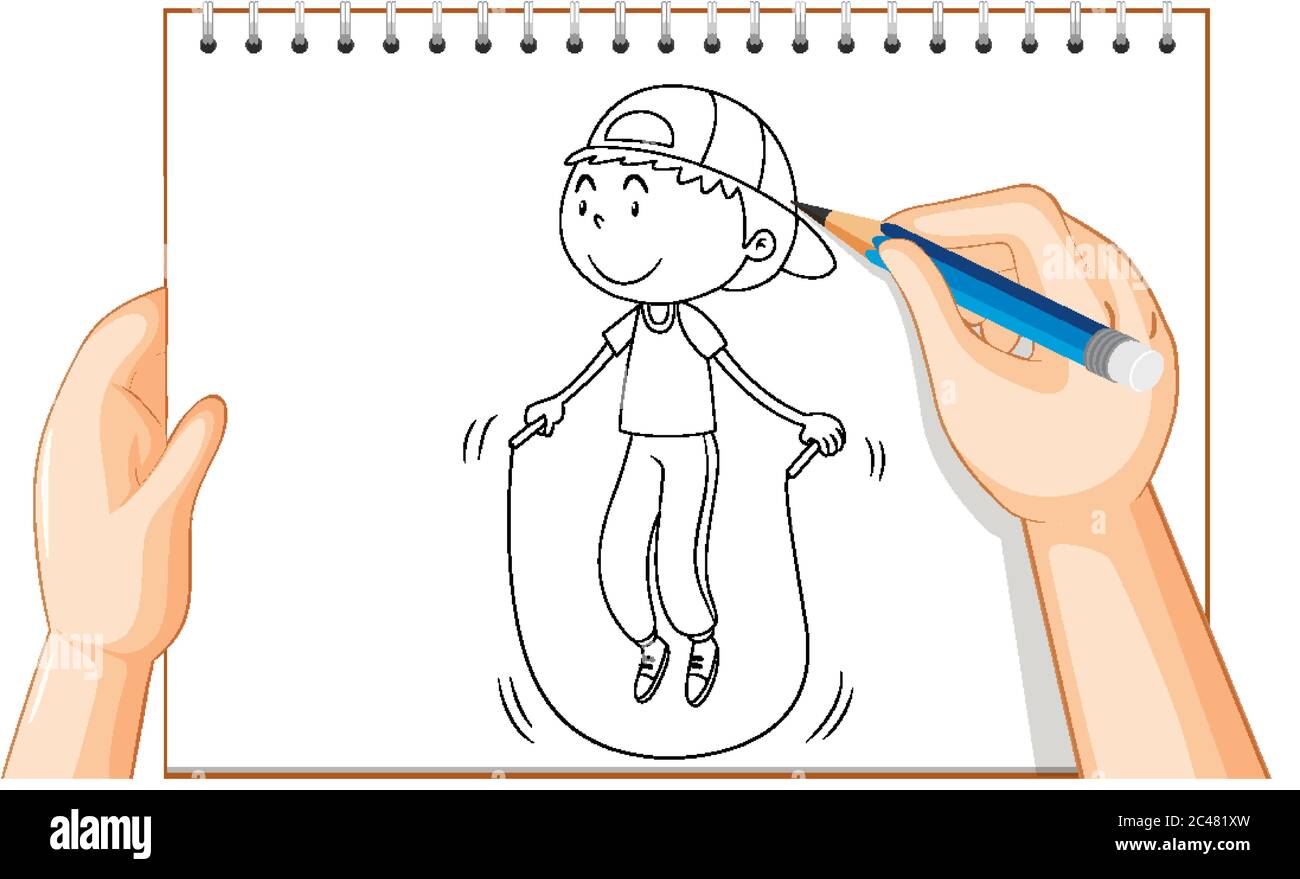 Hand drawing of boy jumping rope outline illustration Stock Vector ...