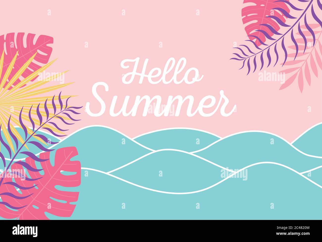 hello summer, tropical leaves foliage sea waves lettering design vector ...