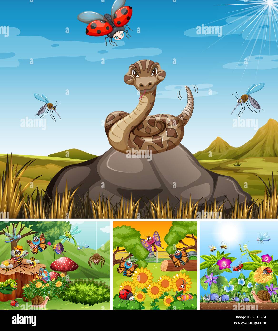 Set of different insects living in the garden background illustration ...