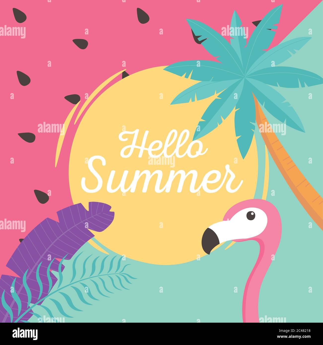 flamingo bird with exotic palm tropical leaves, hello summer lettering ...