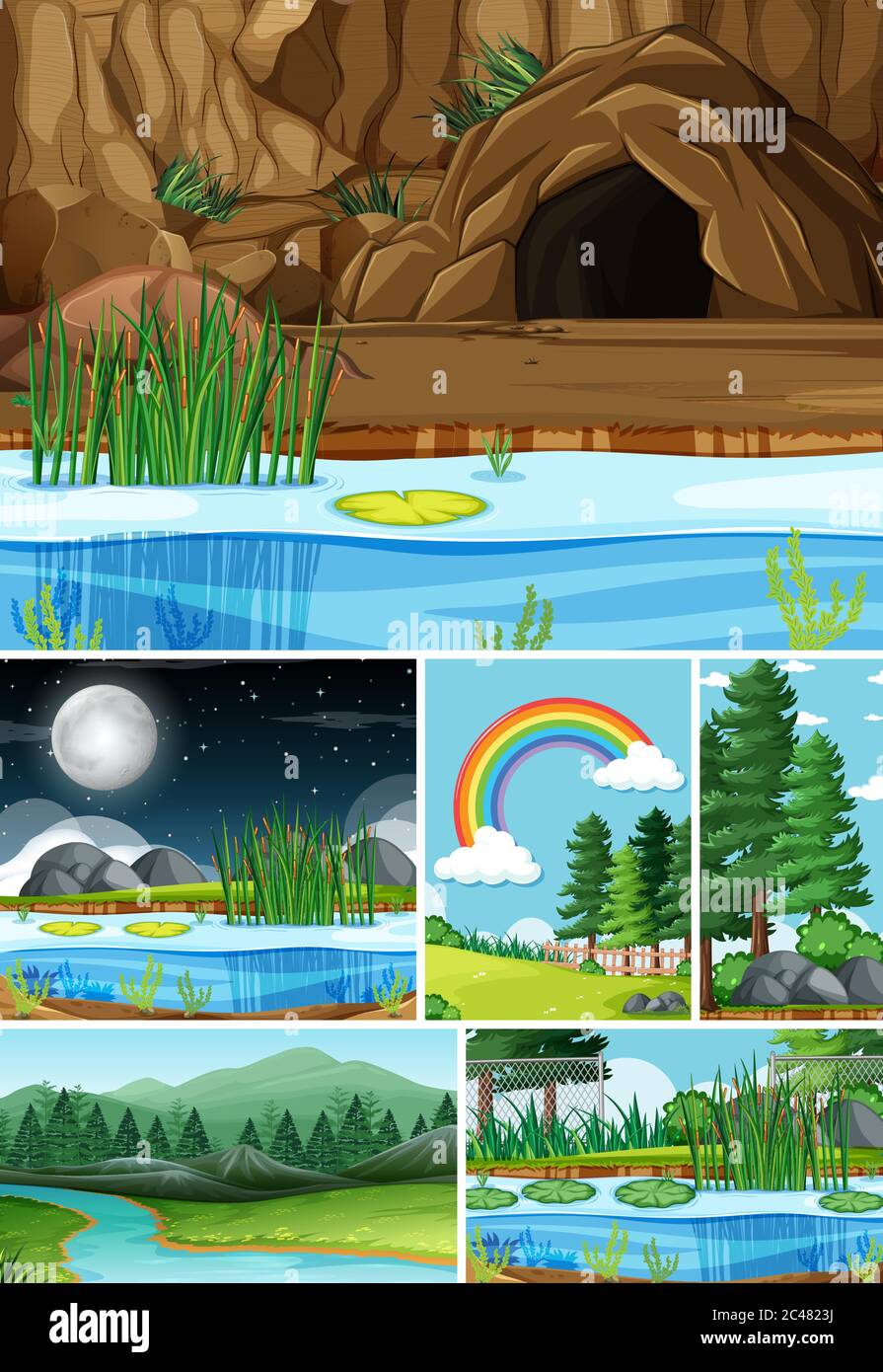 Six different scenes in nature setting cartoon style illustration Stock ...