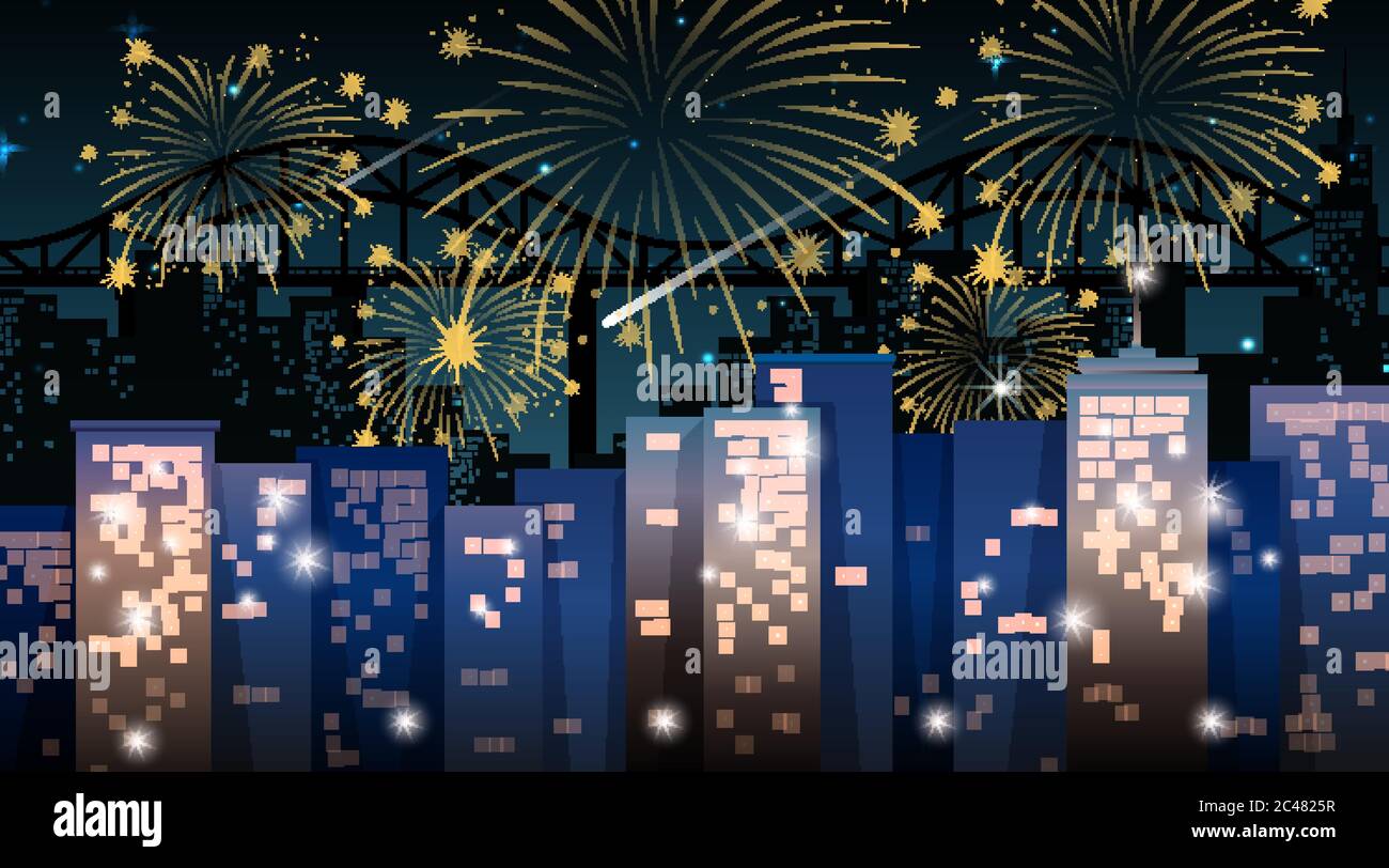 Cityscape with celebration fireworks scene illustration Stock Vector ...