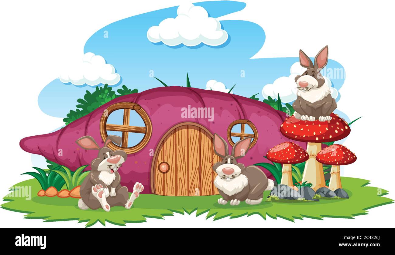 Taro house with three rabbit cartoon style on white background ...