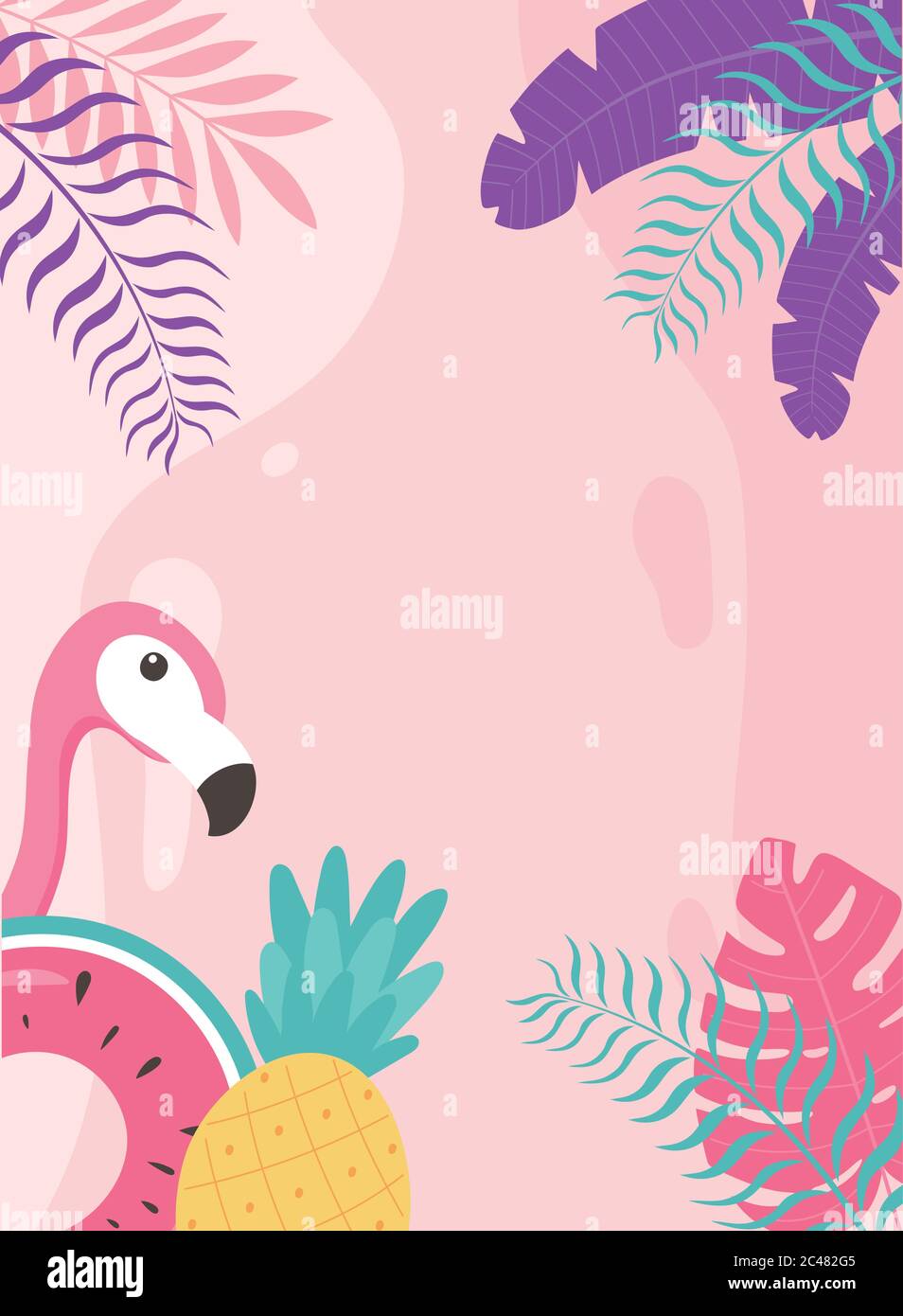 flamingo bird pineapple and float exotic tropical leaves, hello summer ...