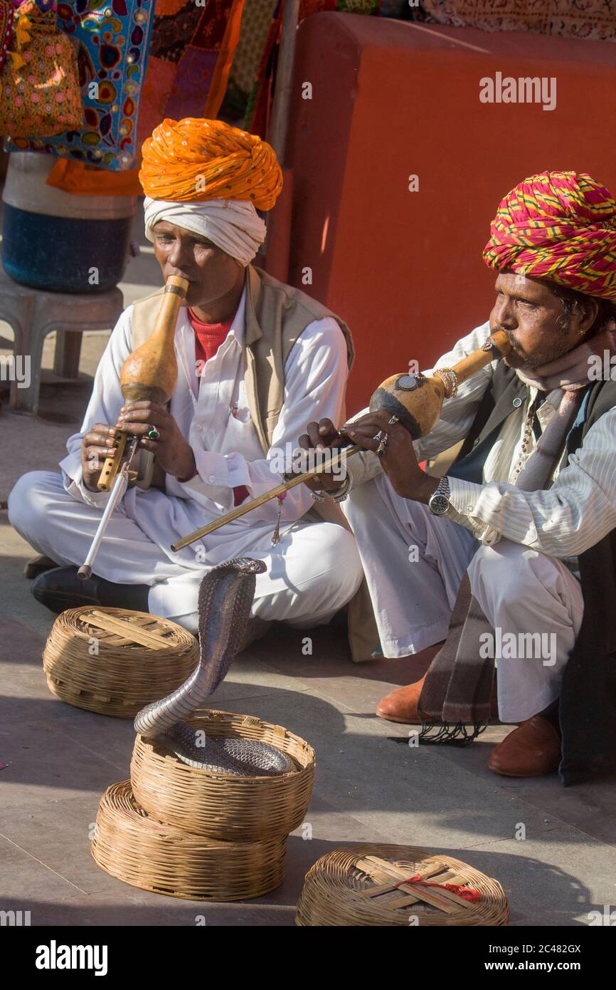 Snake charmers are playing and waving around an instrument called a ...