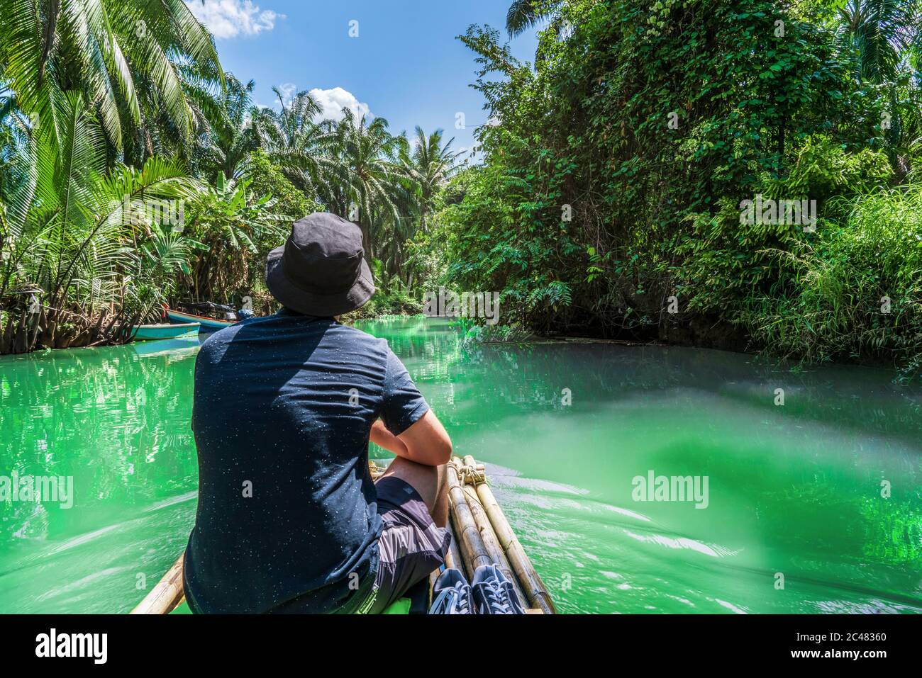 A man on a bamboo raft rafts down a river through a fabulous green ...