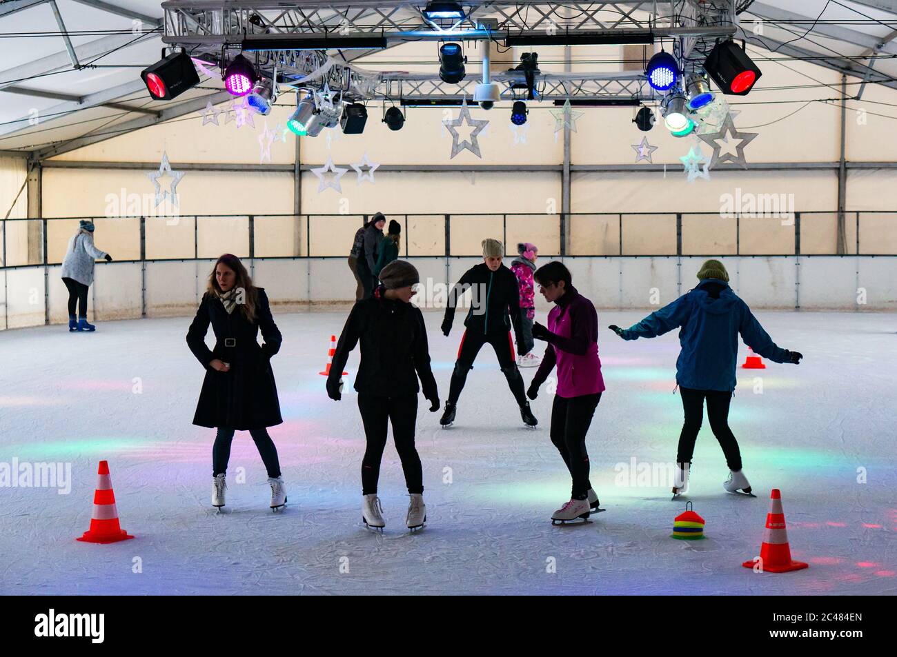 POZNAN, POLAND - Jan 21, 2018: People skating on ice in the winter ...