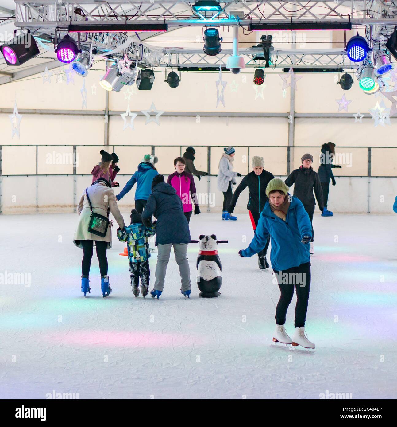 POZNAN, POLAND - Jan 21, 2018: People skating on ice in the winter ...
