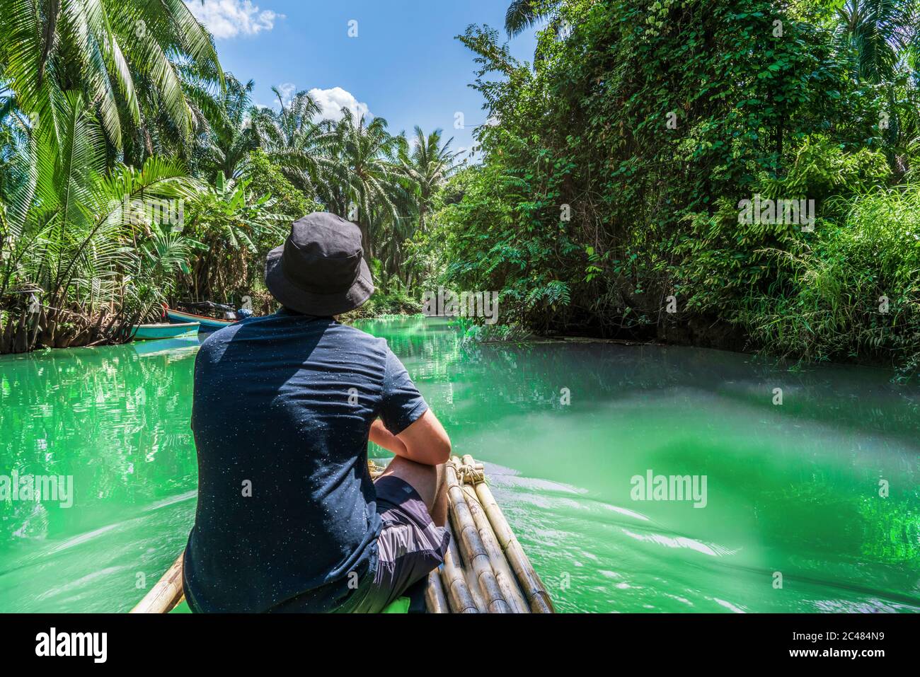 A man on a bamboo raft rafts down a river through a fabulous green ...