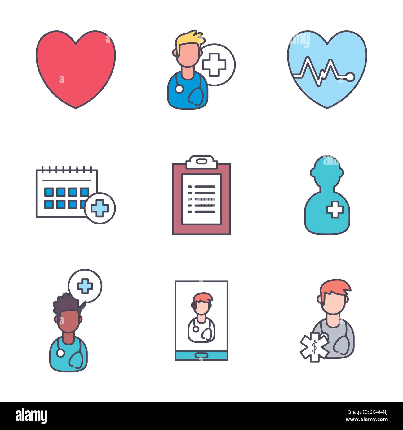 line and fill style icon set design of doctor medical care and covid 19 ...