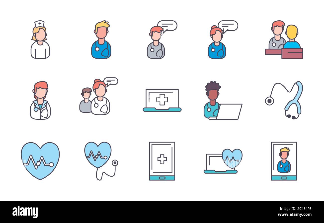 line and fill style icon set design of doctor medical care and covid 19 ...