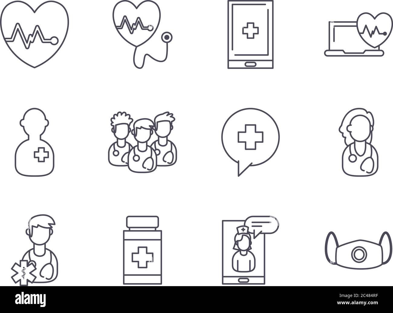 line style icon set design of doctor medical care and covid 19 virus ...