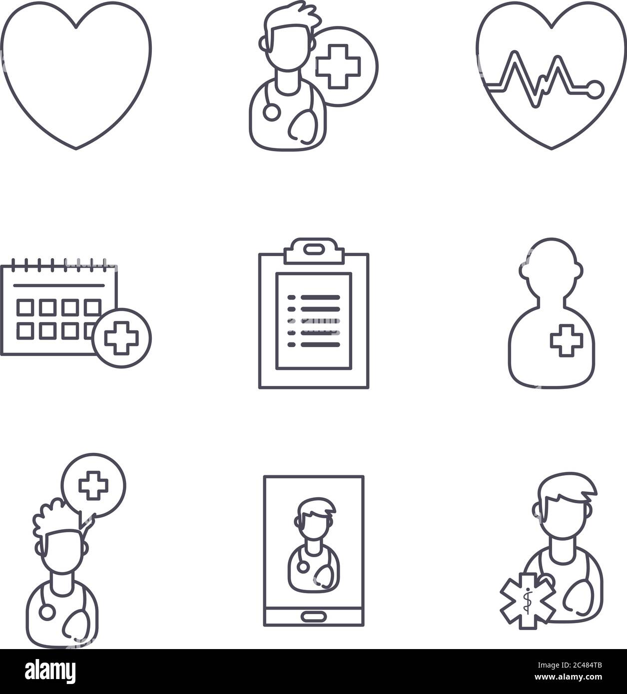 line style icon set design of doctor medical care and covid 19 virus ...