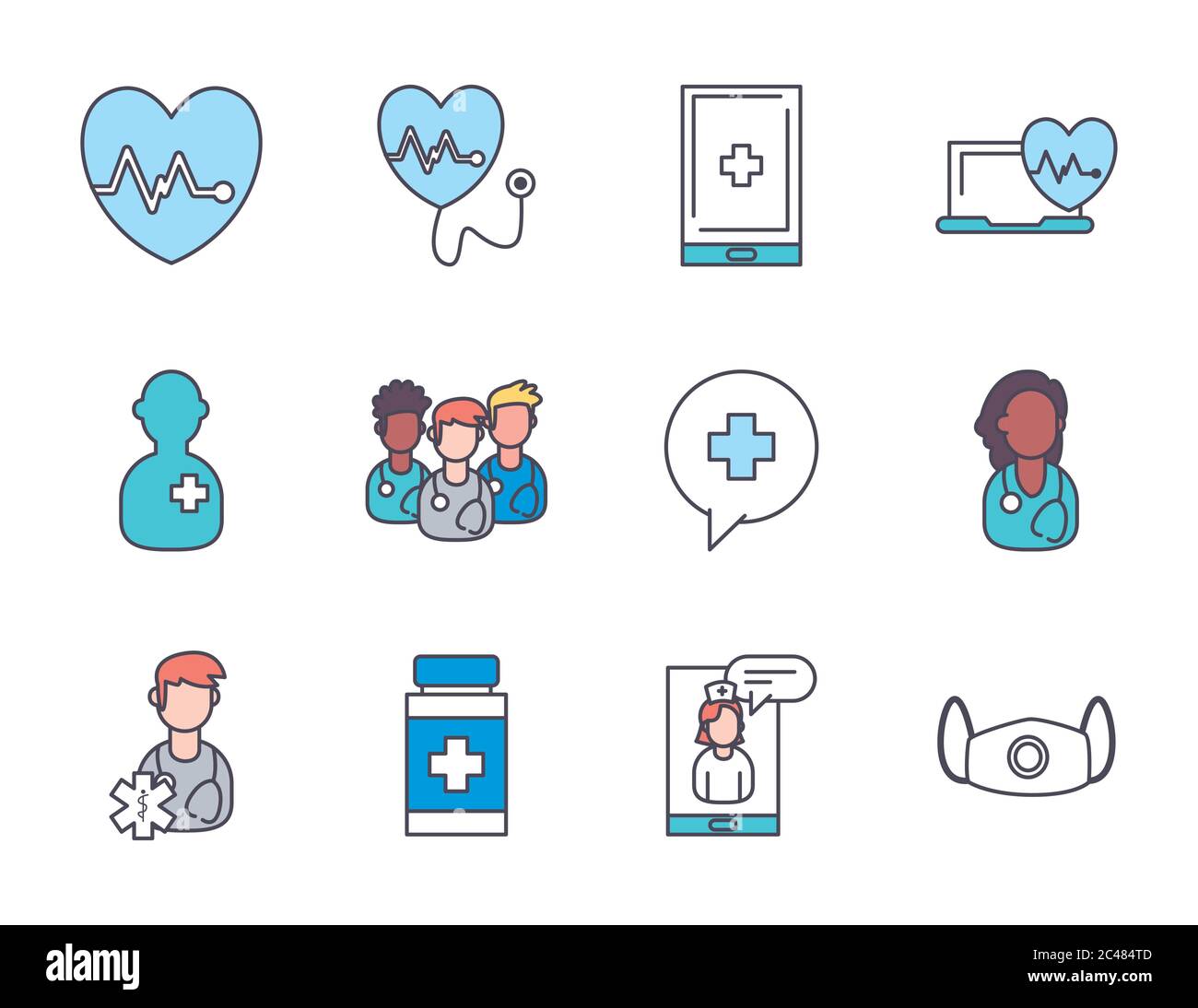 line and fill style icon set design of doctor medical care and covid 19 ...