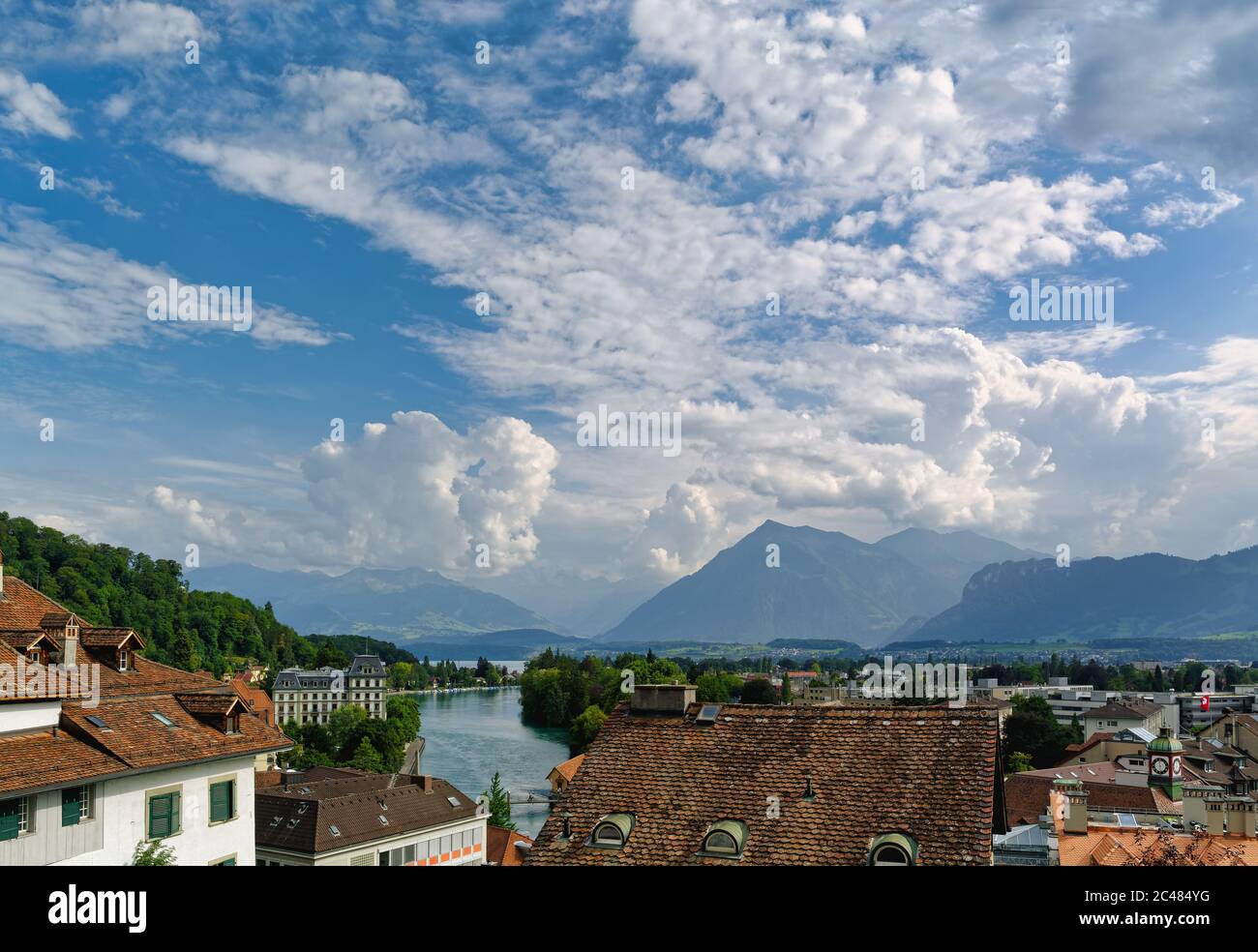 View of the old town with river aare lake thun hi-res stock photography ...