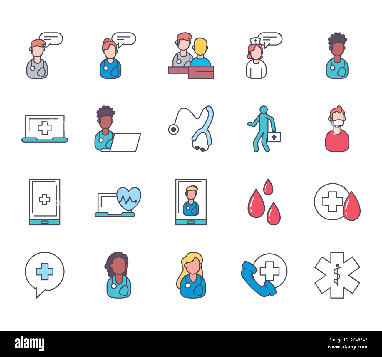 line and fill style icon set design of doctor medical care and covid 19 ...
