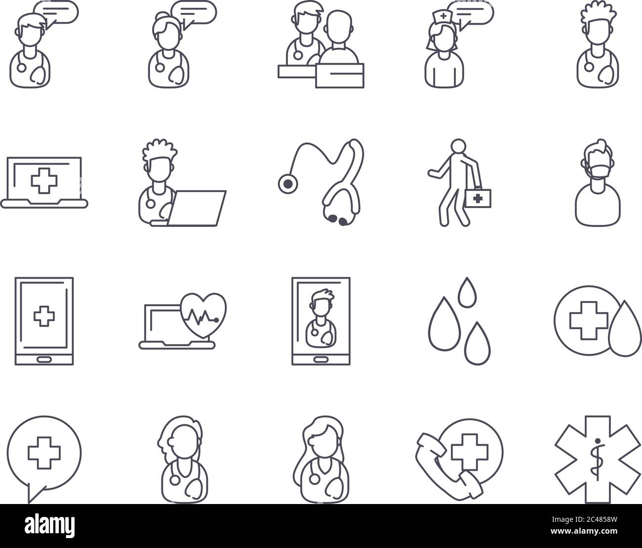 line style icon set design of doctor medical care and covid 19 virus ...