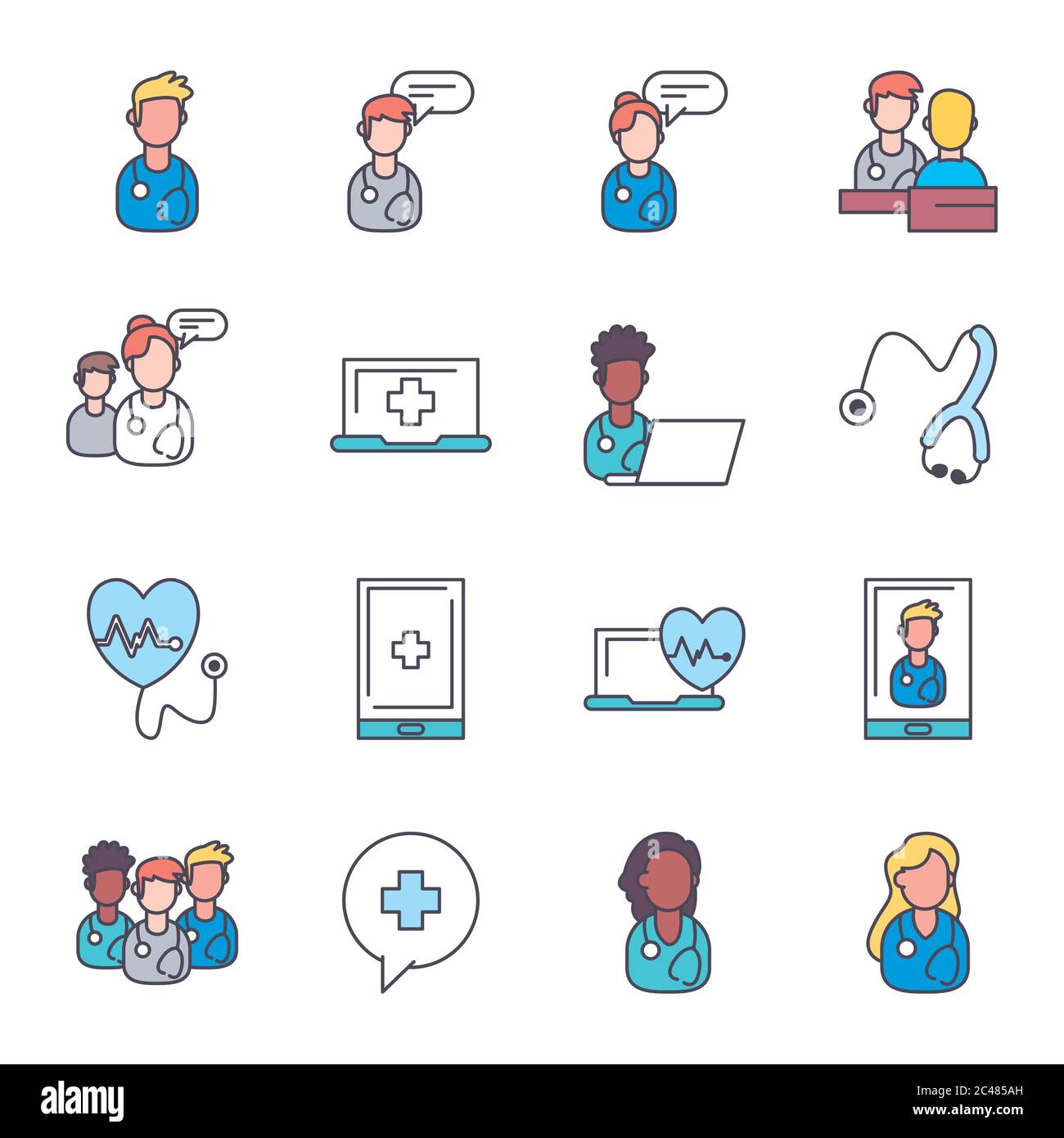 line and fill style icon set design of doctor medical care and covid 19 ...