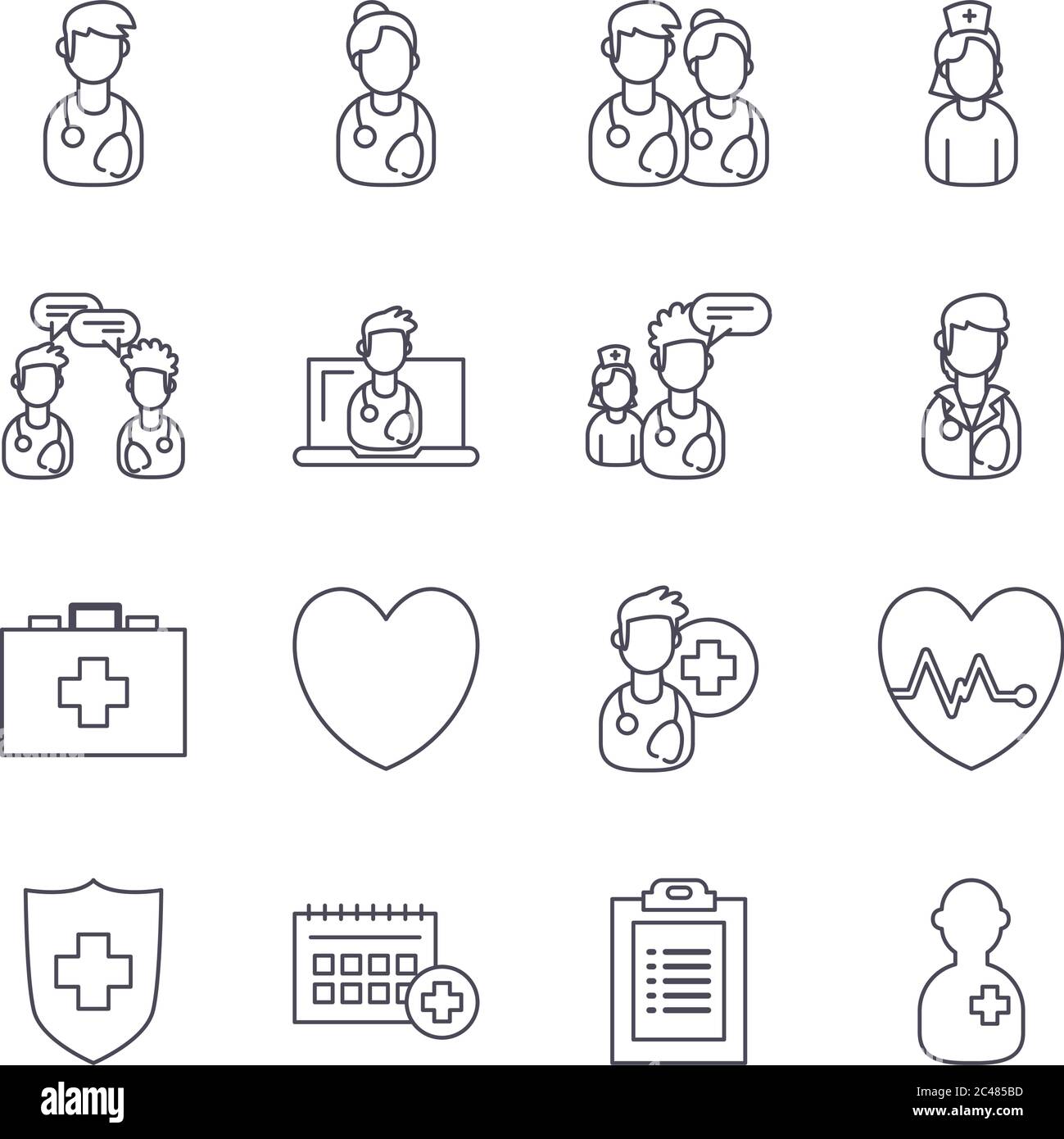 line style icon set design of doctor medical care and covid 19 virus ...