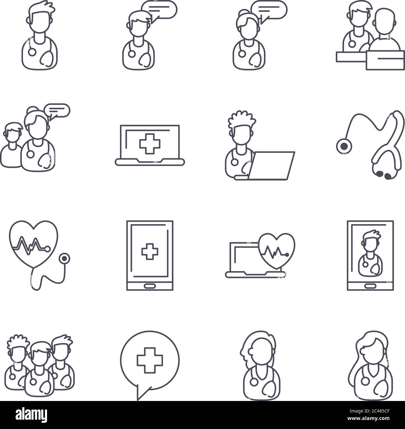 line style icon set design of doctor medical care and covid 19 virus ...