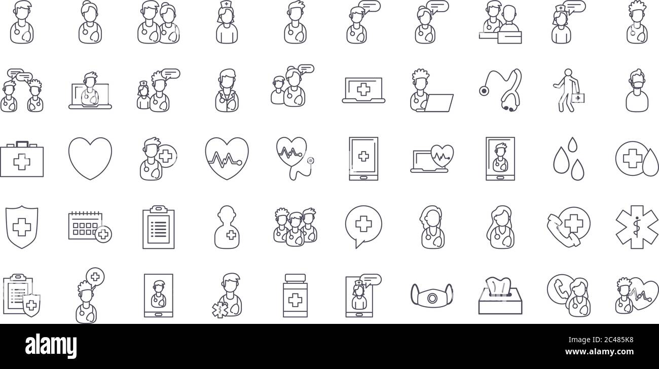 line style icon set design of doctor medical care and covid 19 virus ...