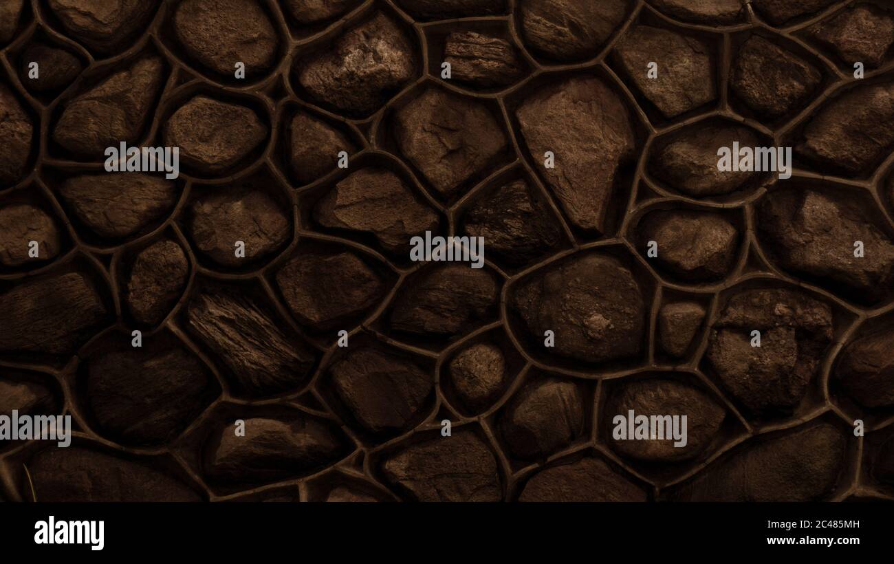 Dark brown wall made of stone and cement. Mosaic of rocks used as tiles ...