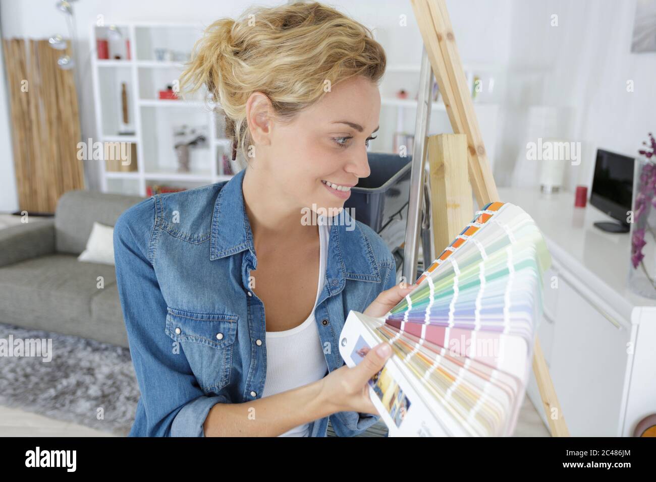 woman at home looking through rainbow of colour charts Stock Photo - Alamy