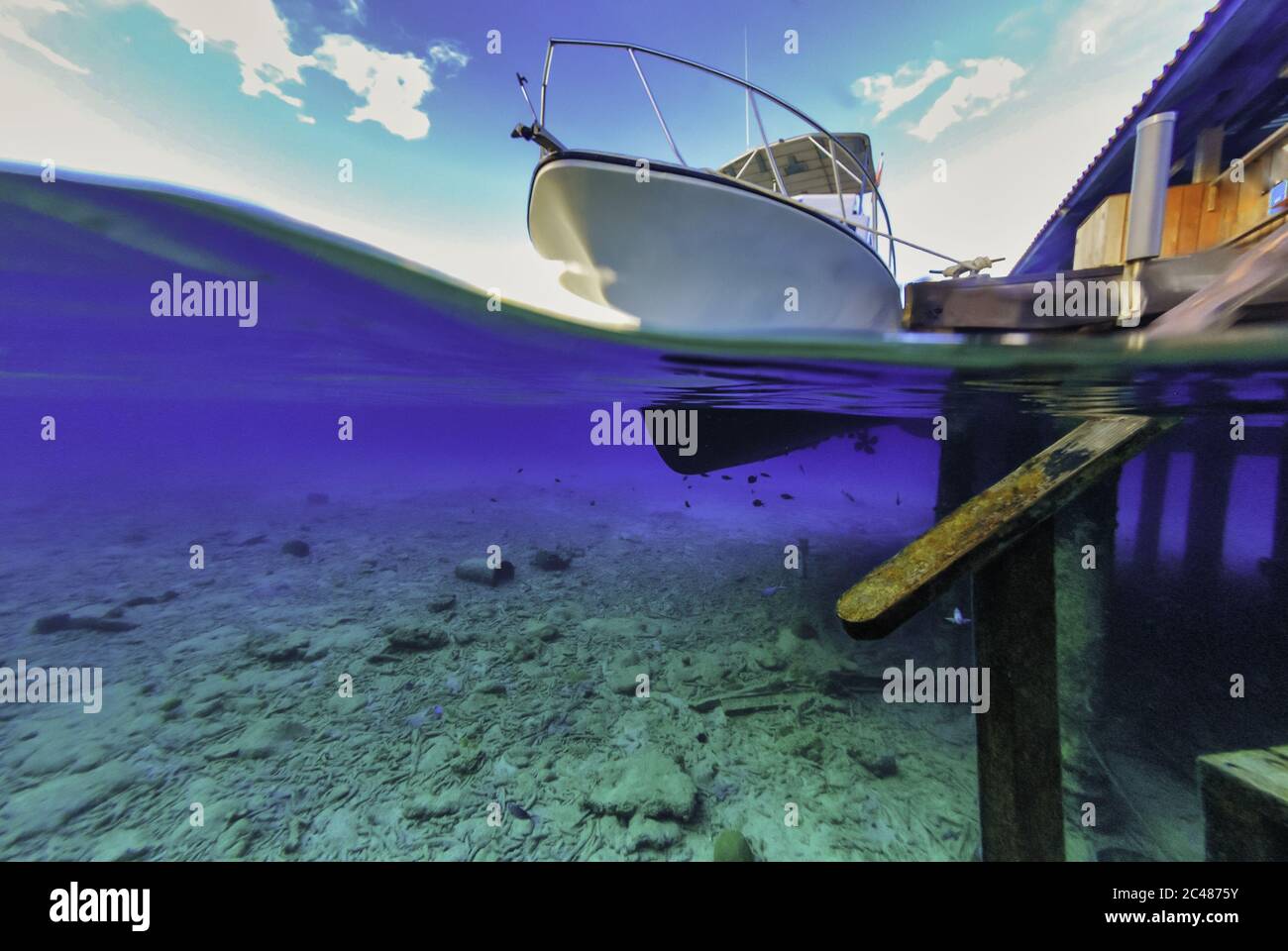 View of seabed scuba diving boat and dock Stock Photo - Alamy