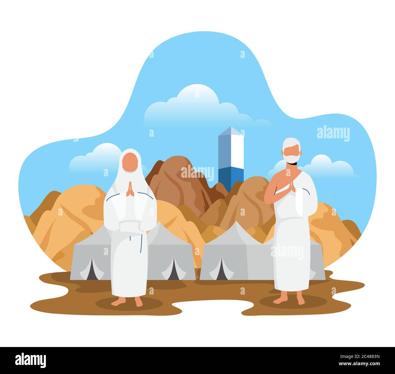 Hajj pilgrimage with couple and tents scene vector illustration design ...