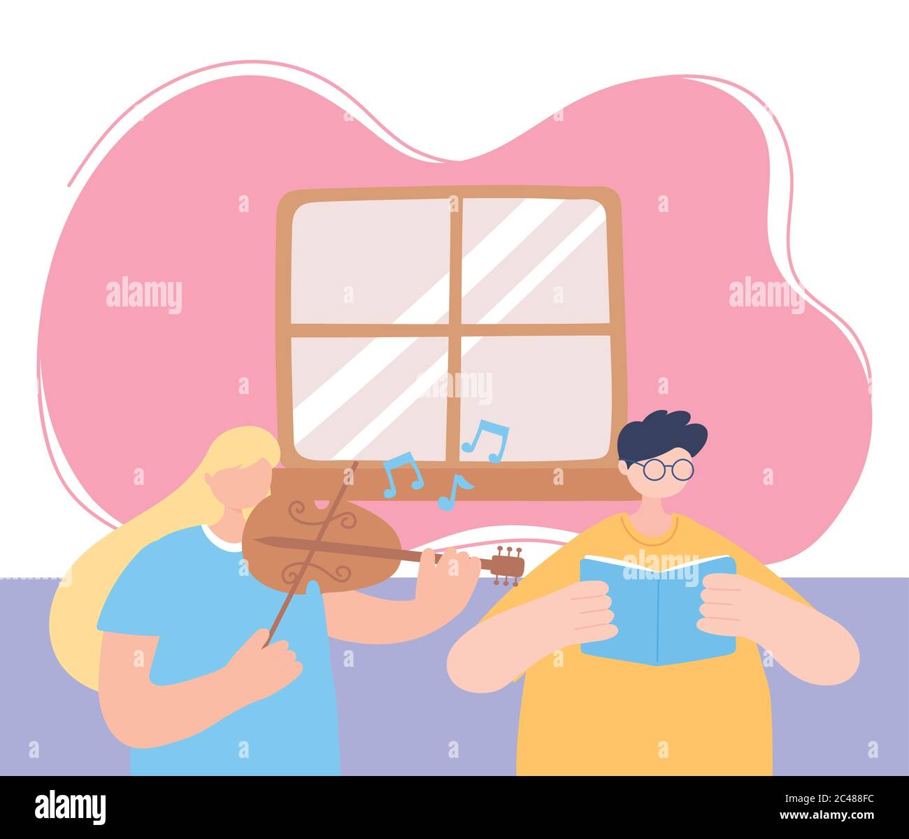 stay at home, girl playing fiddle and boy reading book in room, self ...