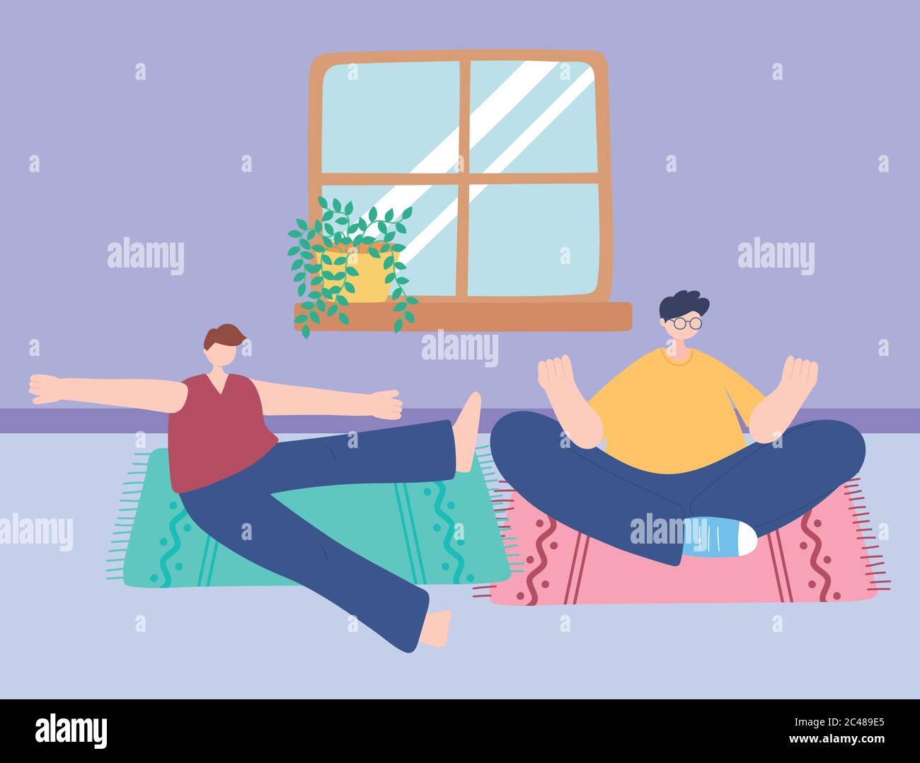 stay at home, men meditation pose yoga in room, self isolation ...