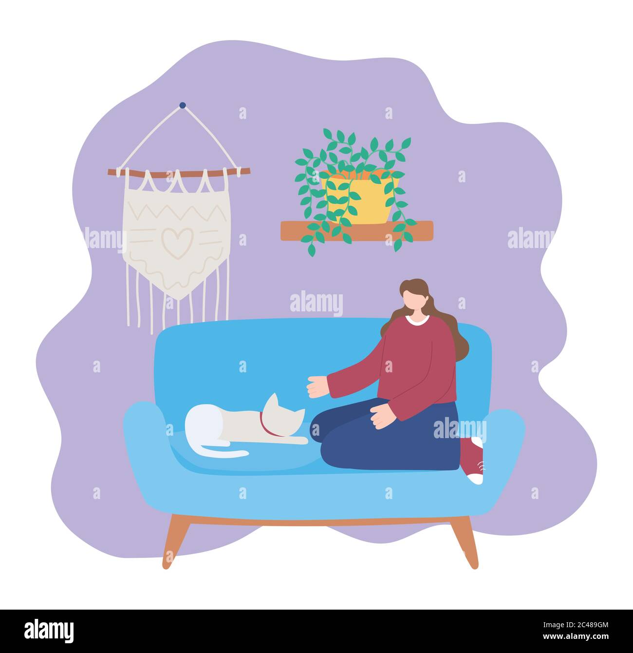 stay at home, girl with cat sitting on sofa, self isolation, activities ...