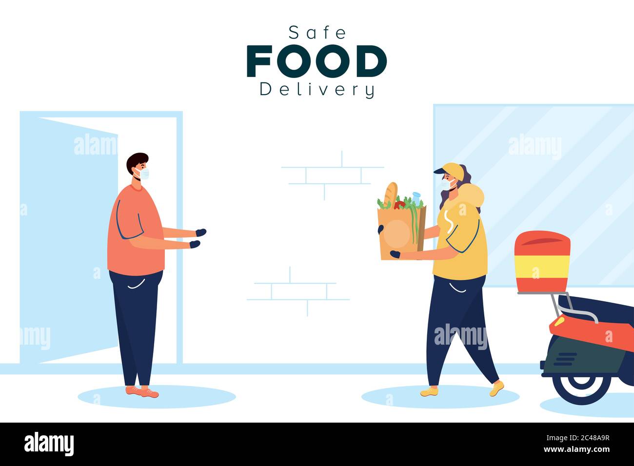 safe food delivery female worker with groceries bag and client in ...