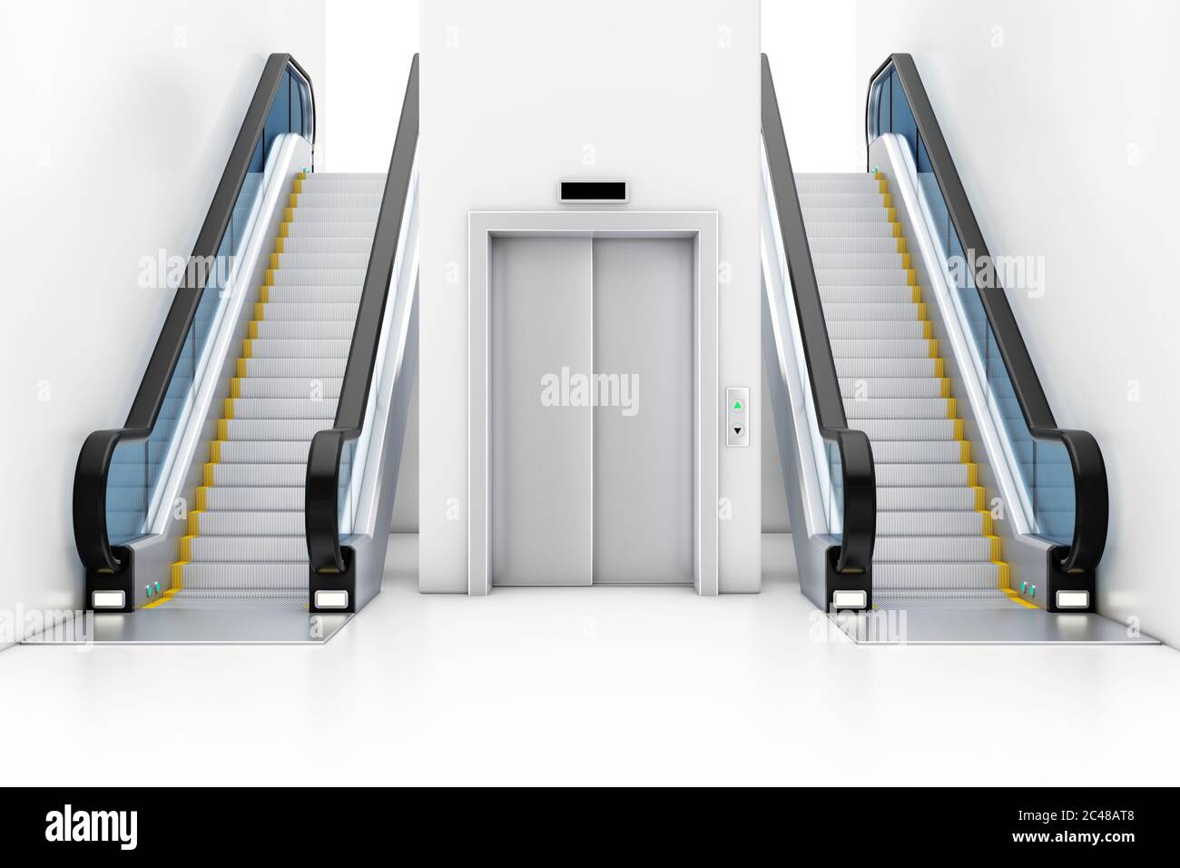 Blank Silver Closed Elevator Lift between Modern Luxury Escalators on ...
