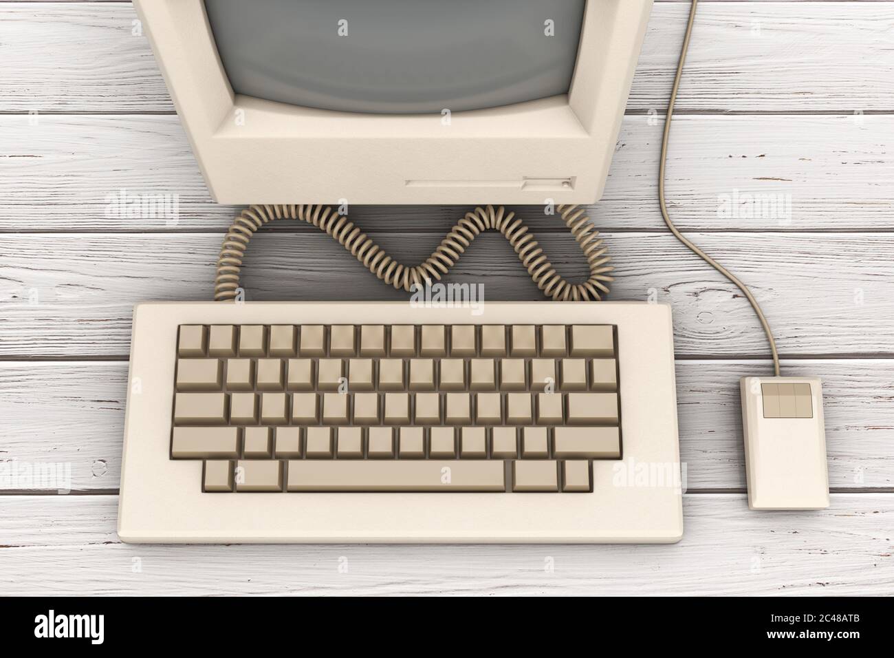 Retro Personal Computer. The System Unit, Monitor, Keyboard and Mouse on a wooden table. 3d ...