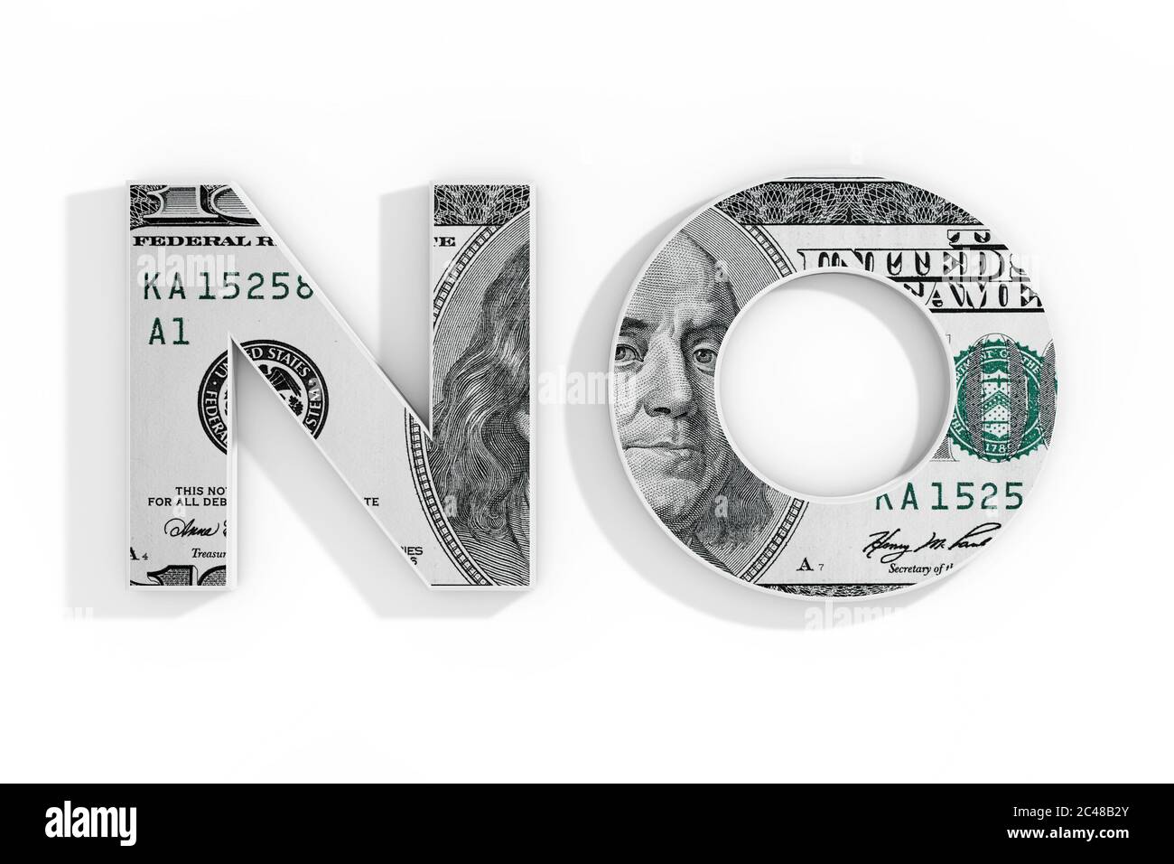 No Concept. Word No Written with Dollar Bill on a white background. 3d ...