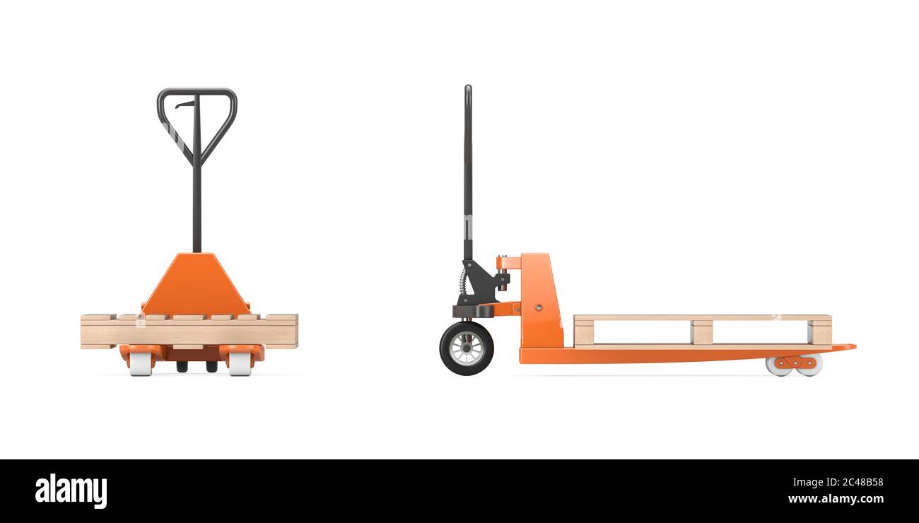 Hand Pallet Truck with Empty Wooden Pallet on a white background. 3d ...
