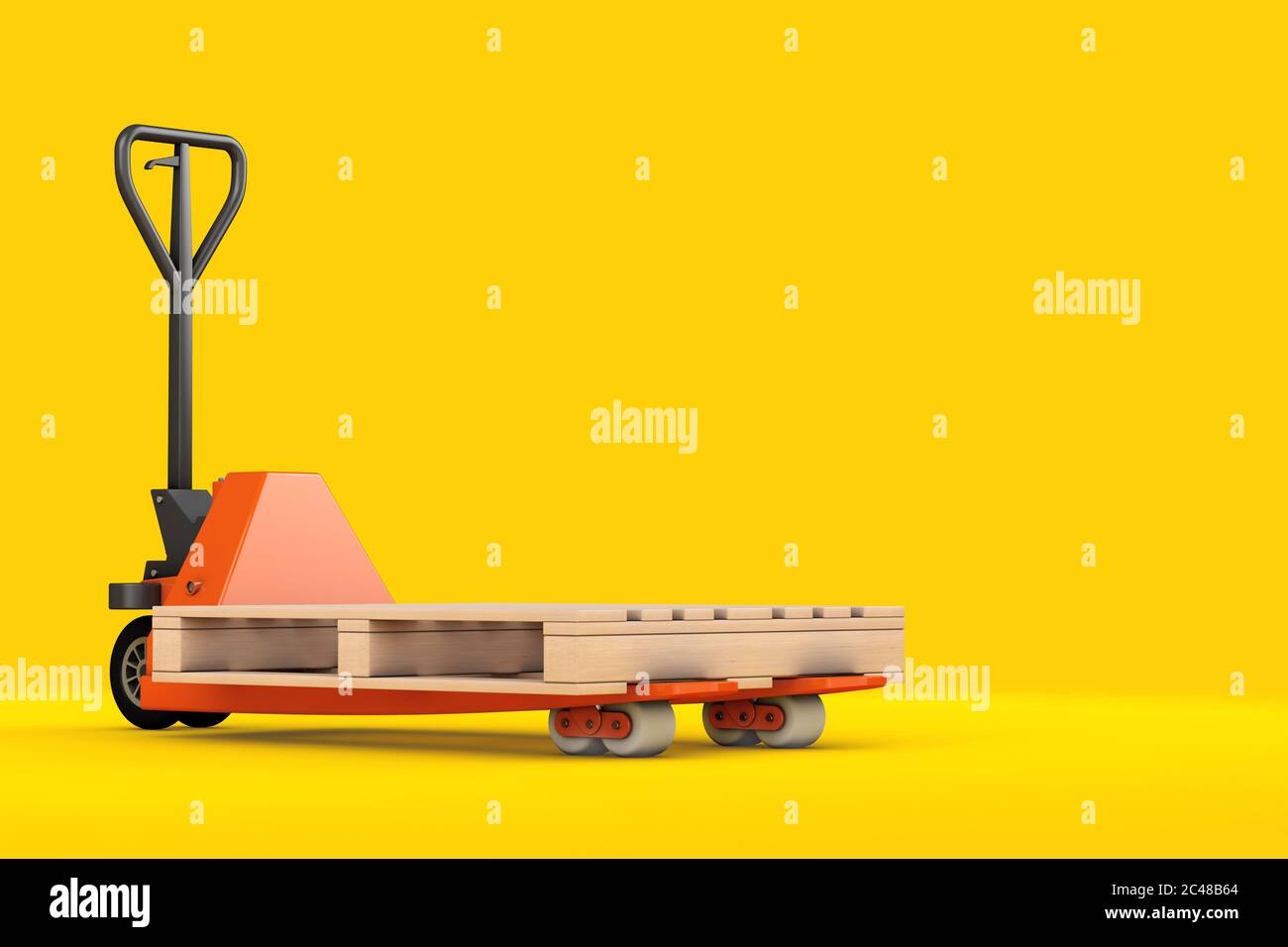Hand Pallet Truck with Empty Wooden Pallet on a yellow background. 3d ...