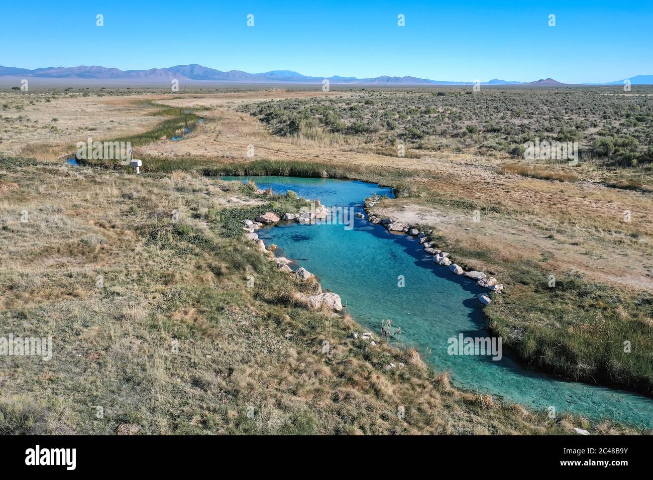 SUNNYSIDE, NEVADA, UNITED STATES - May 25, 2020: An aerial drone image ...