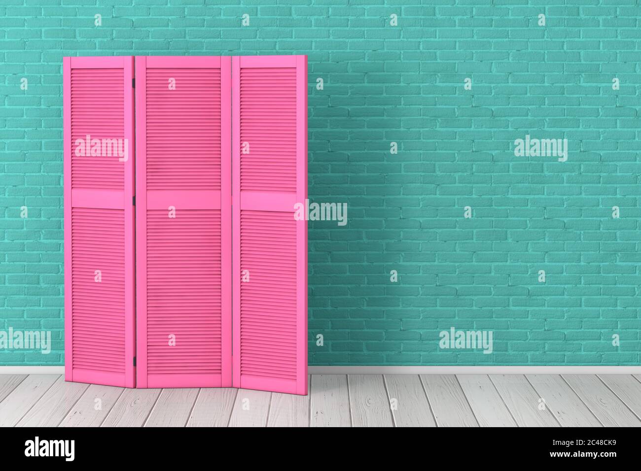 Pink Folding Wooden Dress Screen in front of Aquamarine Brick Wall ...