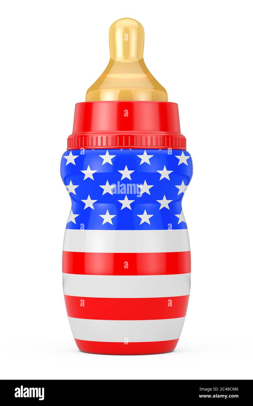 Baby Milk Bottle with Pacifier and USA Flag on a white background. 3d ...