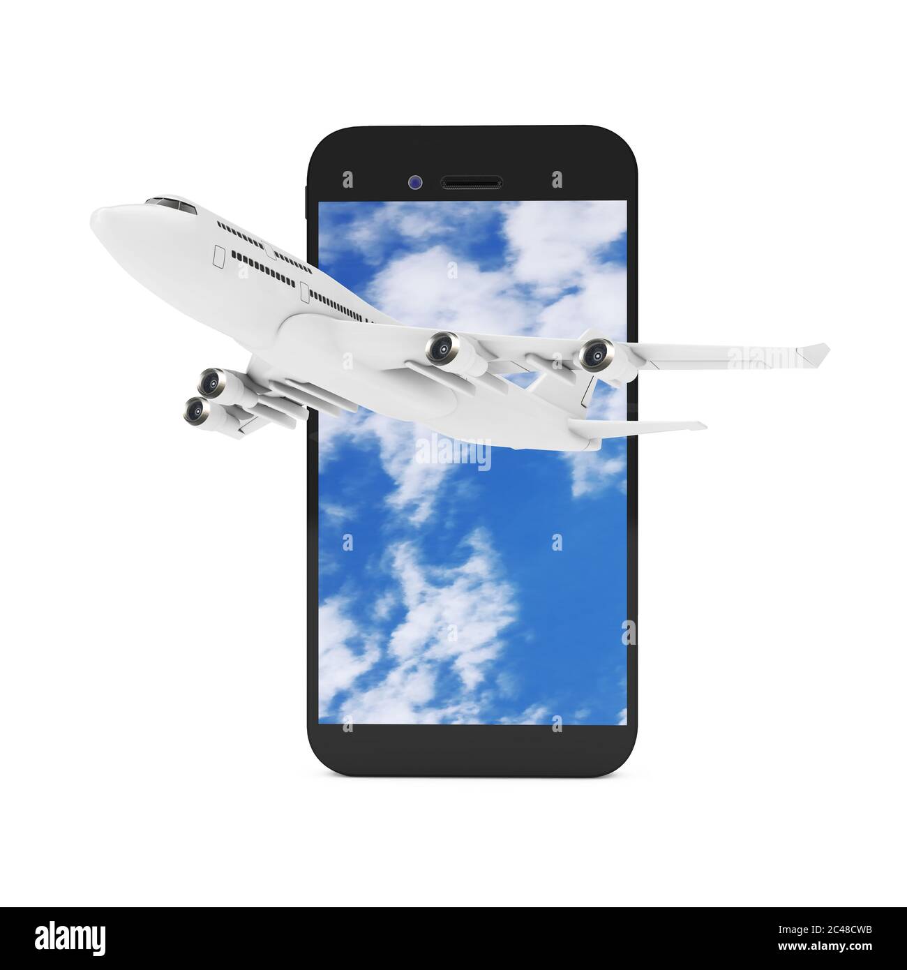 White Jet Passenger's Airplane Fly from Mobile Phone with Blue Sky on ...