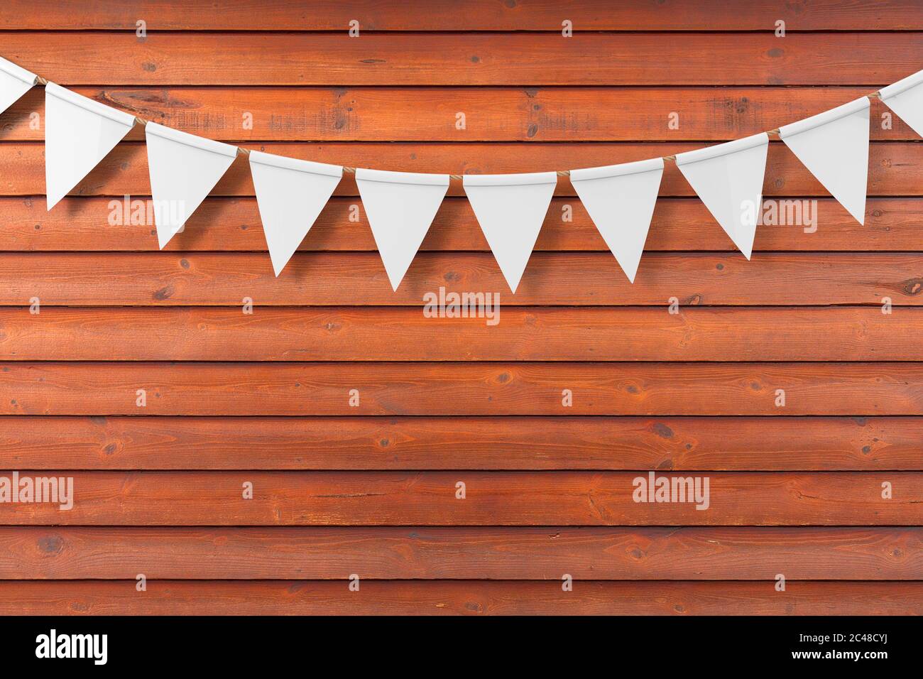 White Empty Party Flags Mock Up Hanging on a Red Wooden Plank Wall ...