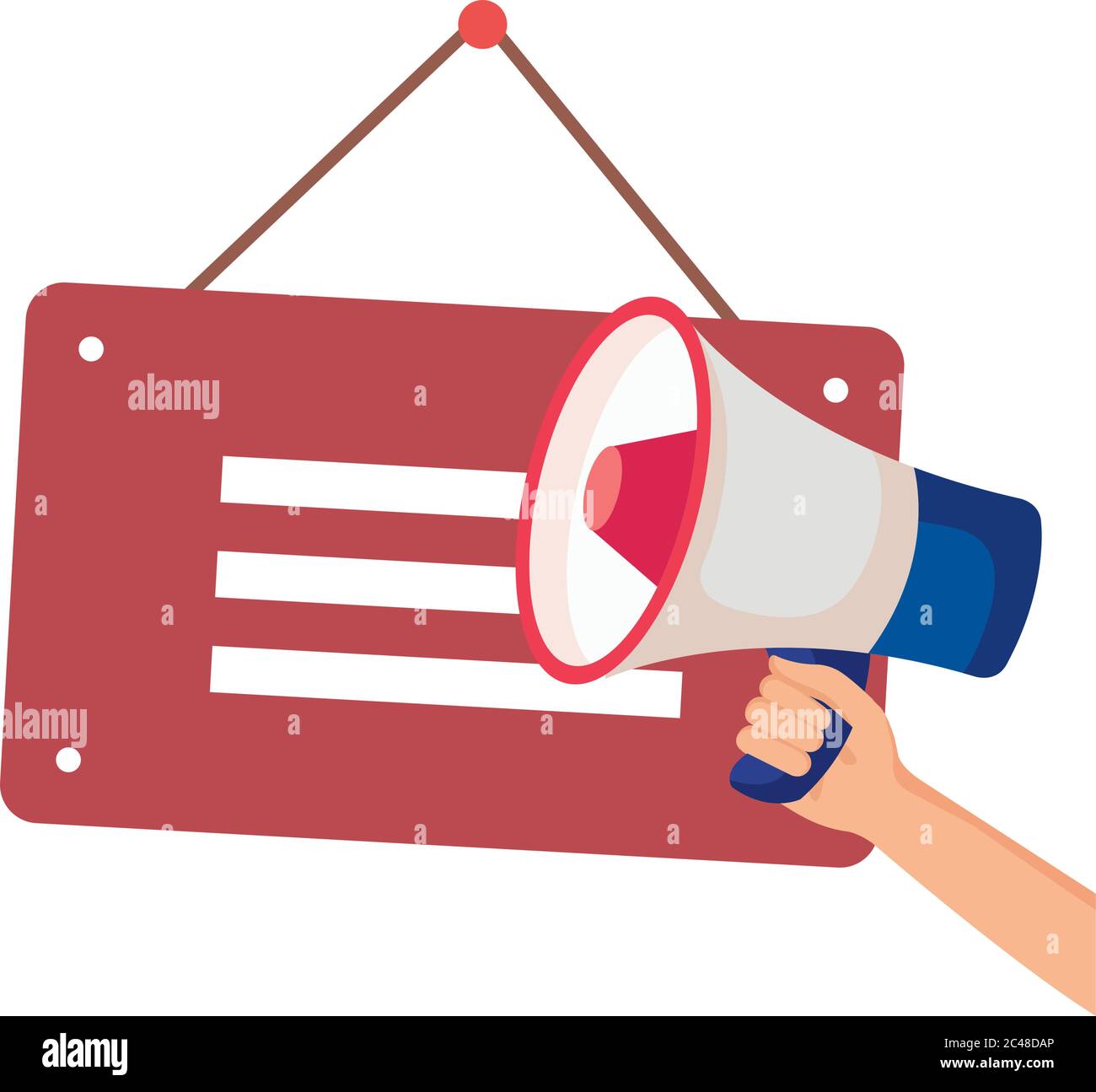 hand with megaphone and hanging sign on white background Stock Vector ...