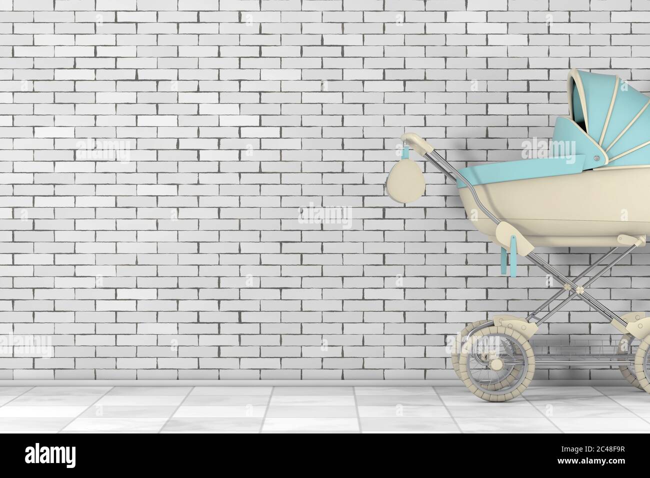 Modern Blue Baby Carriage, Stroller, Pram in front of brick wall. 3d ...